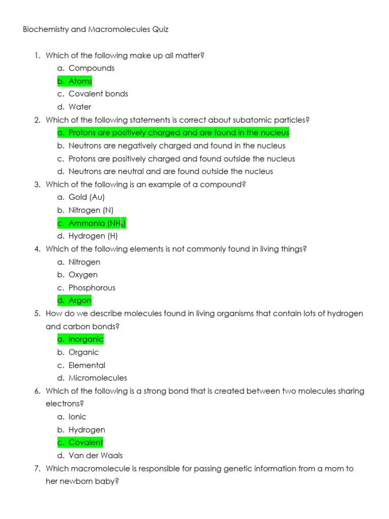 U9 D4 Evaluate Biochemistry and Macromolecules Quiz-1 | PDF