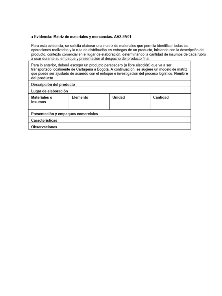 Matriz de Materiales y Mercancías AA2-EV01 | PDF