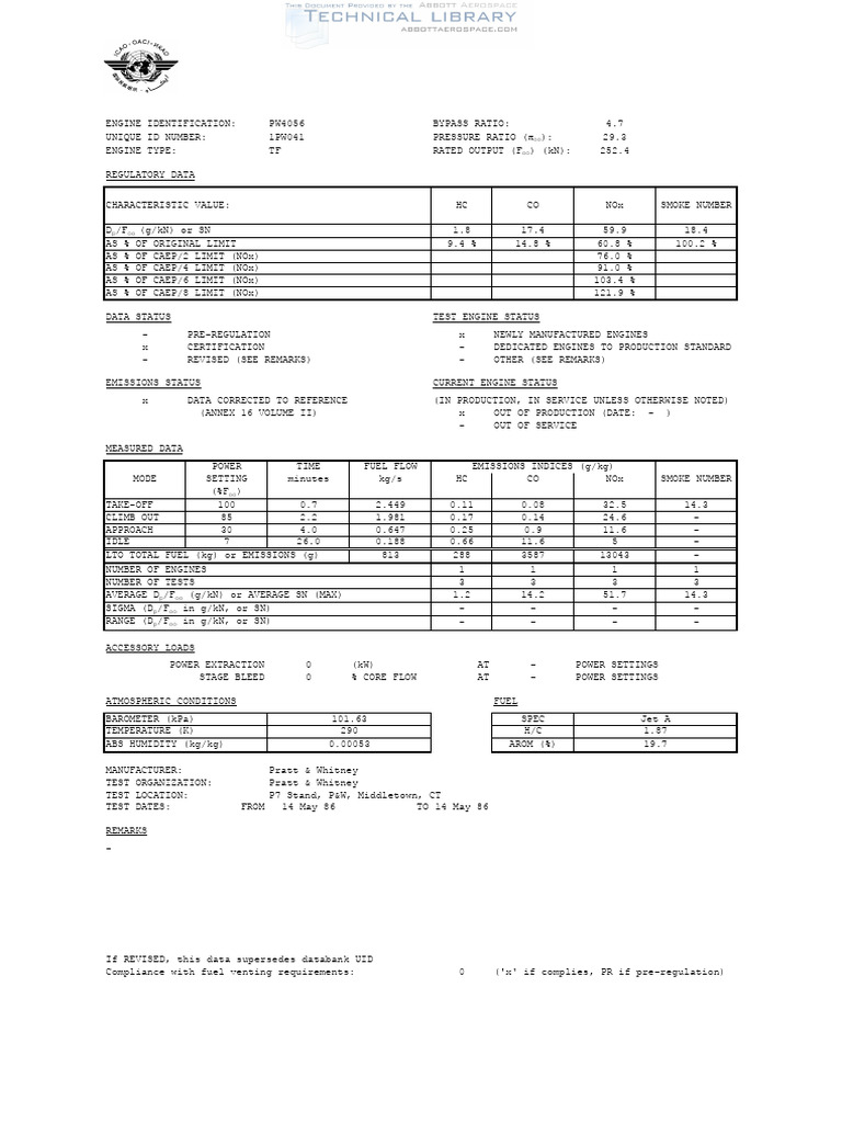ICAO-1PW041 Engine Exhaust Emissions Data Bank Pratt & Whitney PW4056 | PDF | Engines