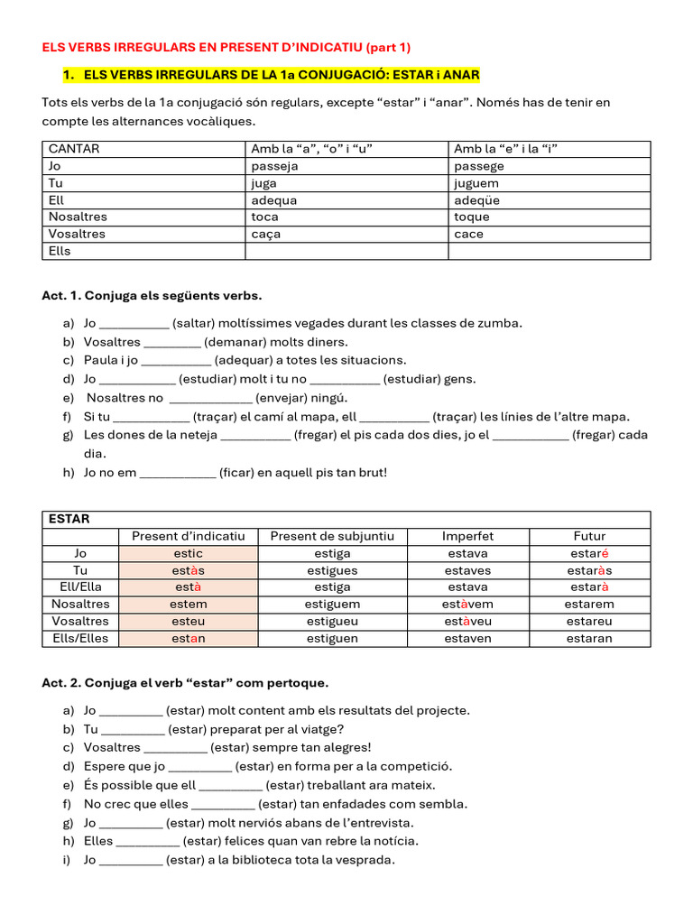 ELS VERBS IRREGULARS EN PRESENT D'INDICATIU Part 1 MODEL | PDF