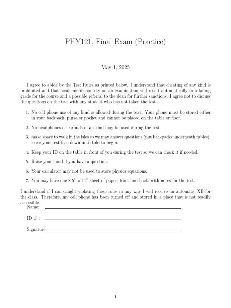 PHY121 - SP2025 Final Practice | PDF | Orbit | Mass