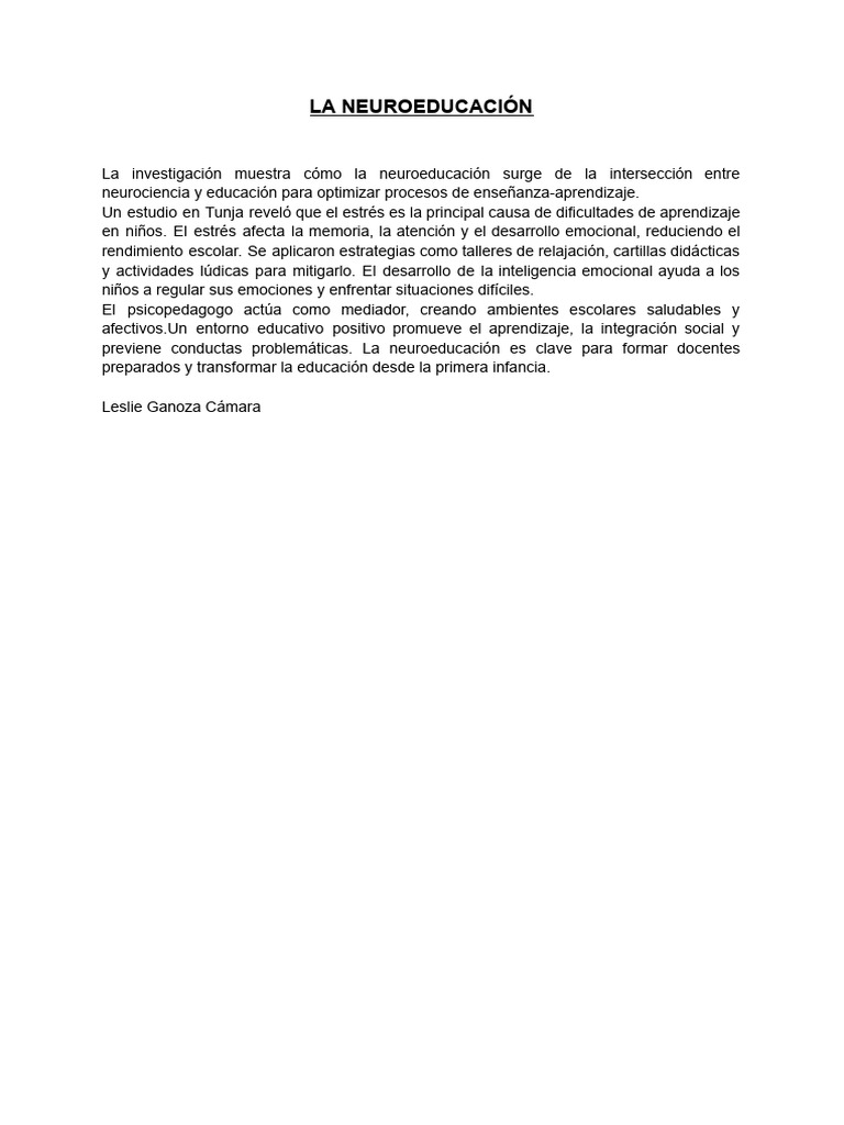 La Neuroeducación - Lectura - Ganoza | PDF