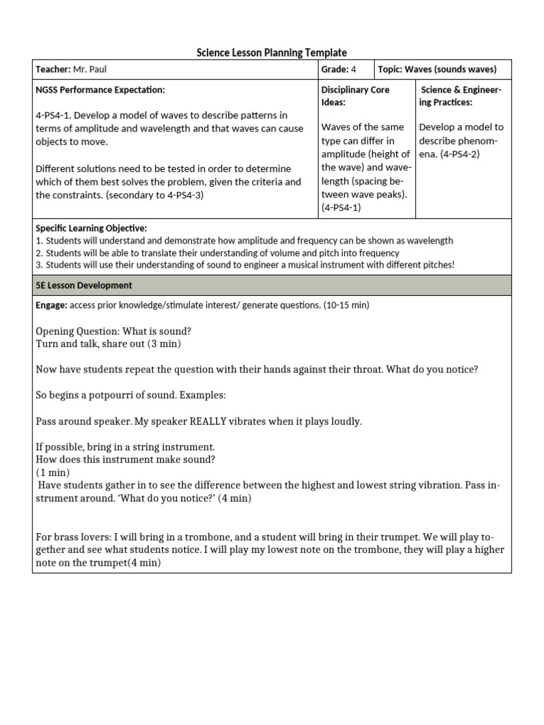 5es Science Lesson Planning Asplin | PDF | Waves | Pitch (Music)