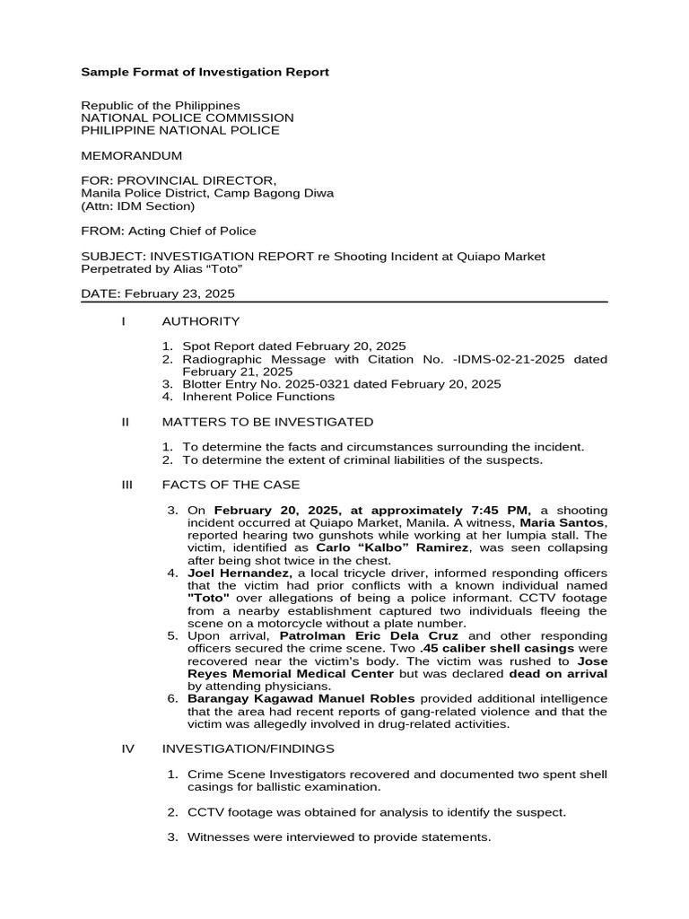 Sample Format of Investigation Report | PDF | Police | Witness