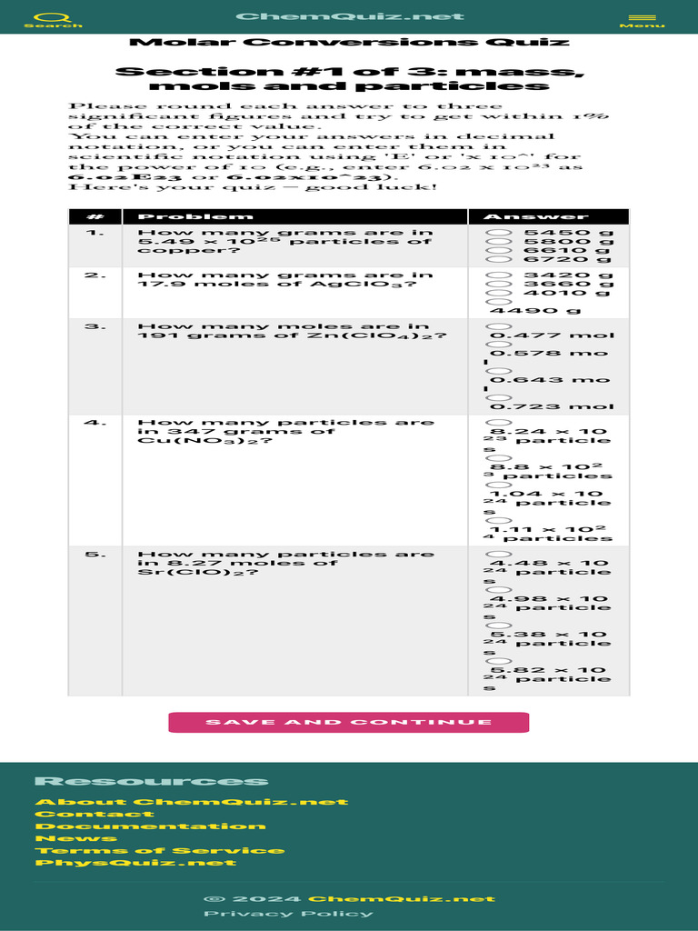 Molar Conversions Quiz | PDF | Mole (Unit) | Chemistry