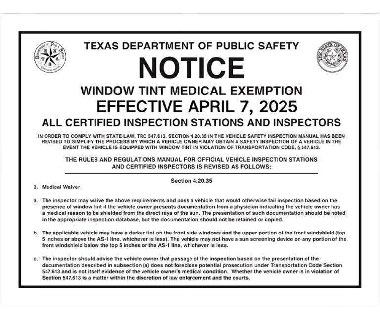 Window Tint Medical Exemption (2025) | PDF