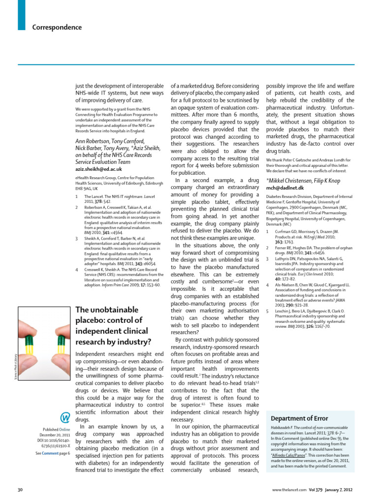 The Unobtainable Placebo Control of Independent C | PDF | Clinical ...