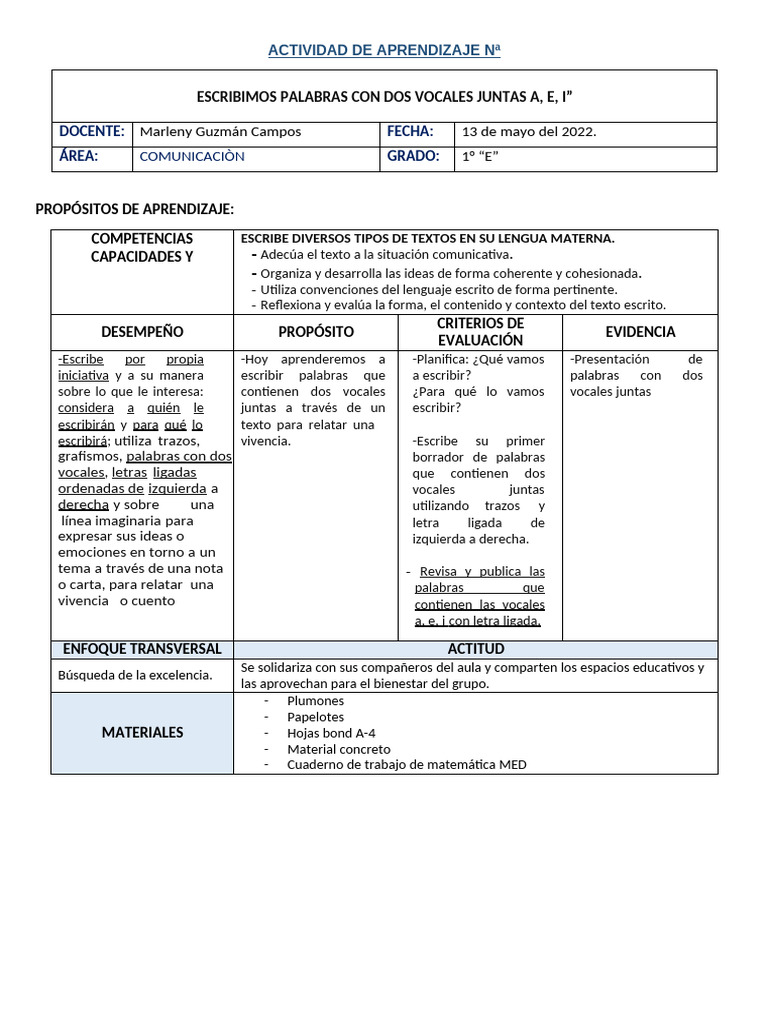 1) Sesión de Aprendizaje Comunicaciòn - Escribimos Palabras Con Las ...