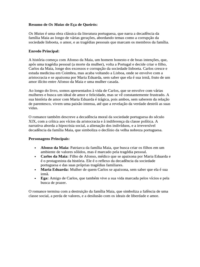 Resumo de "Os Maias" de Eça de Queirós | PDF