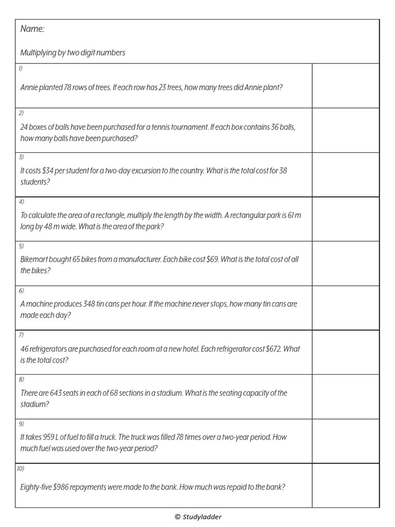 Studyladder - Multiplying by 2 Digit Numbers (Problem Solving) | PDF