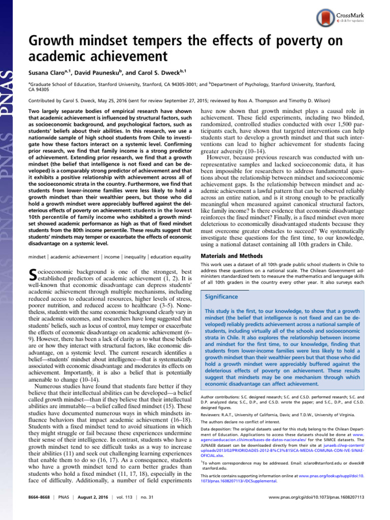 Claro Et Al 2016 Growth Mindset Tempers The Effects of Poverty On Academic Achievement | PDF ...
