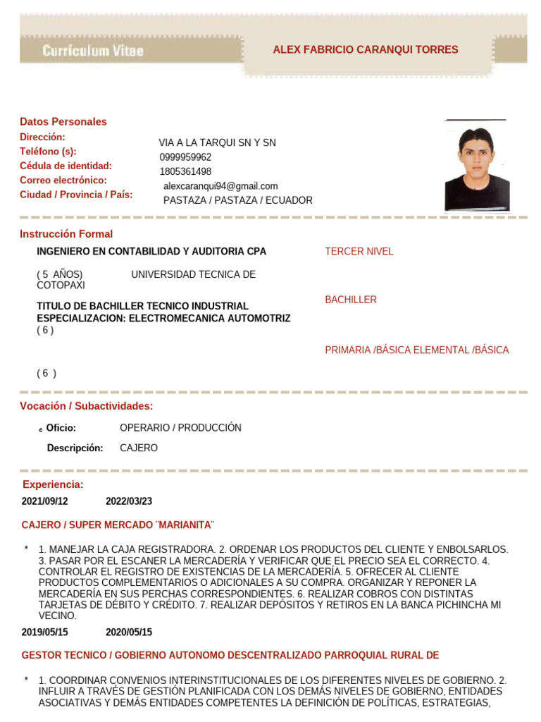 Alex Caranqui Hoja Vida | PDF | Contabilidad | Economias