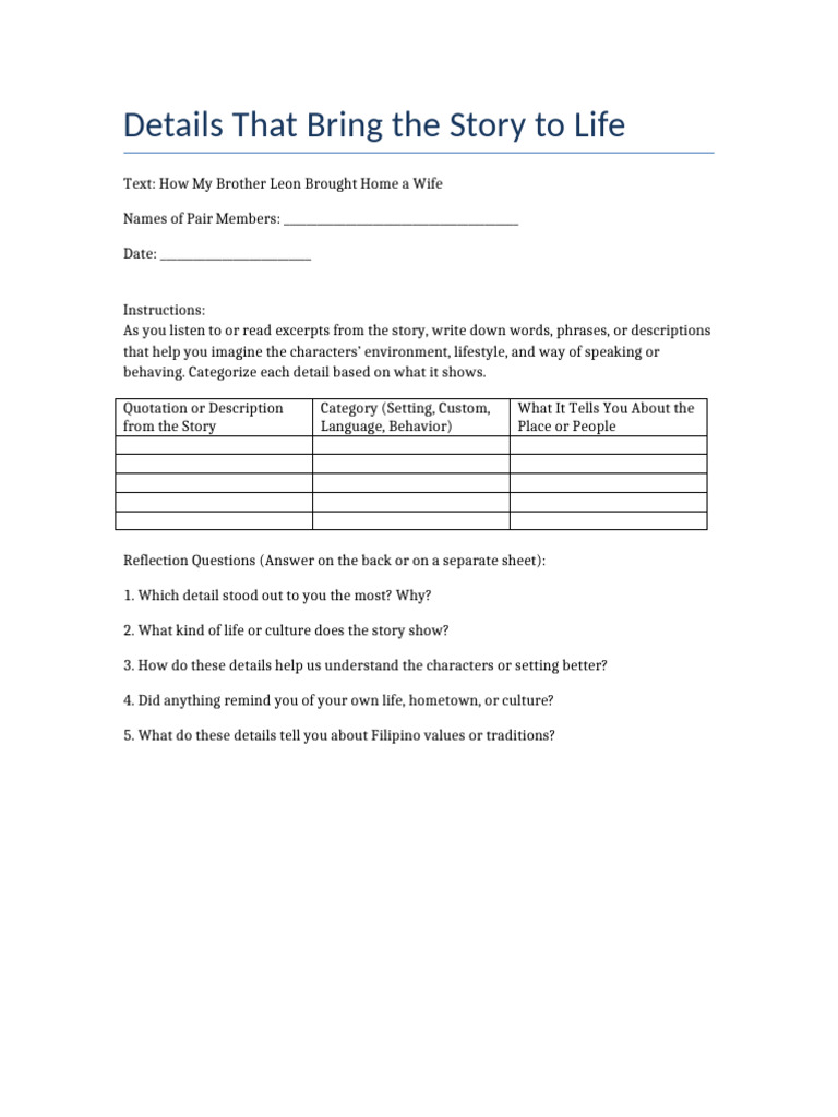 Details That Bring The Story To Life Worksheet | PDF