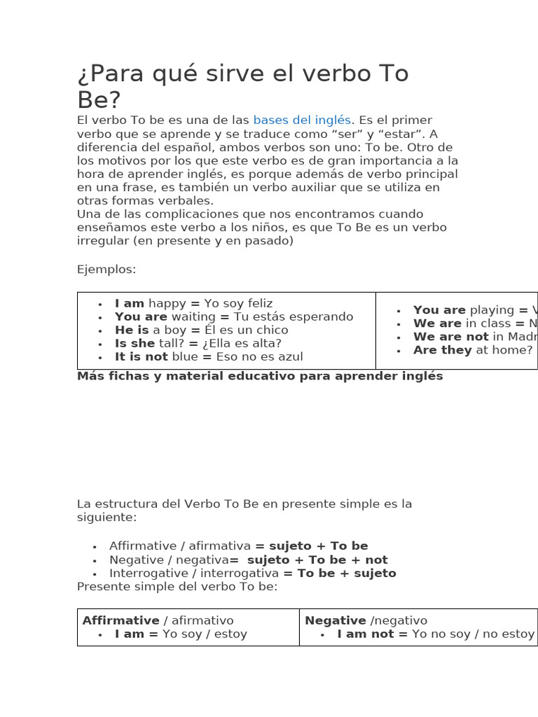 La Estructura Del Verbo To Be en Presente Simple Es La Siguiente | PDF ...