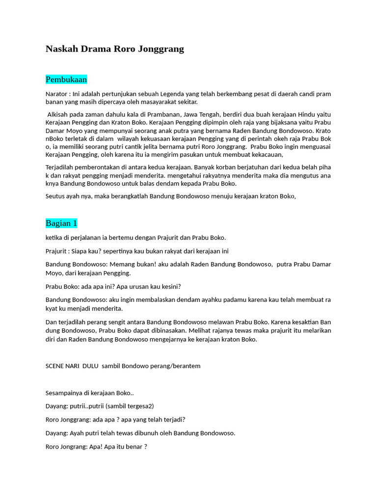 Naskah Drama Roro Jonggrang (Rev) | PDF