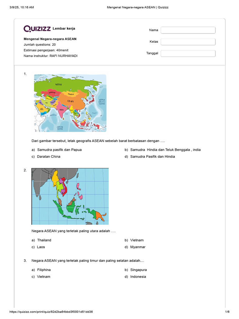 Mengenal Negara-negara ASEAN: Quiz 20 Soal | PDF