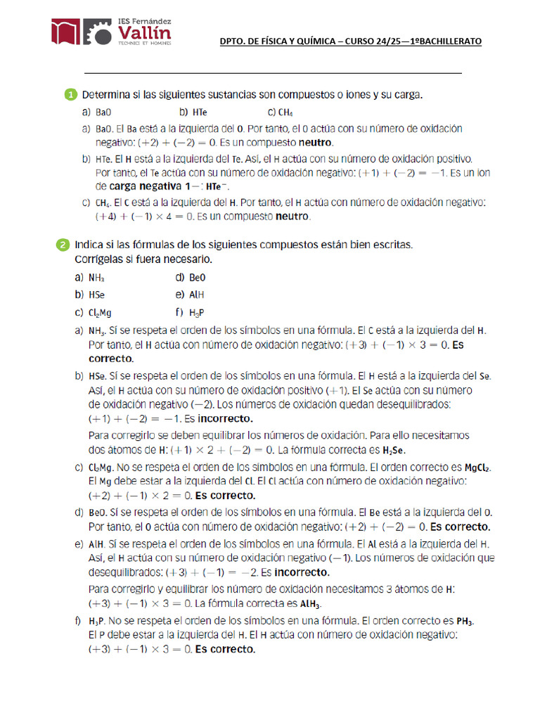 Ejercicios de Formulación Inorgánica para Clase - SOLUCIONES | PDF
