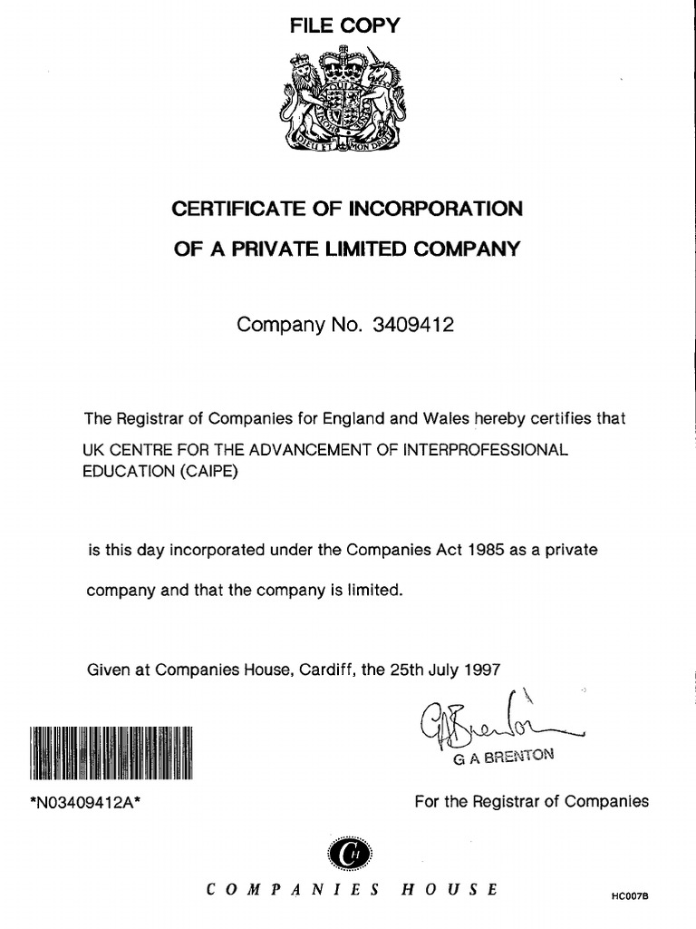 CAIPE Certificate of Incorporation of a Private Limited Company | PDF