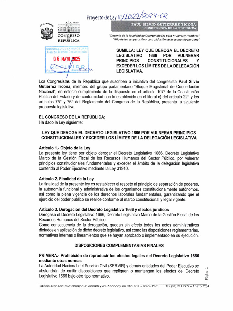 Proy Ley Que Deroga El DL 1666 | PDF