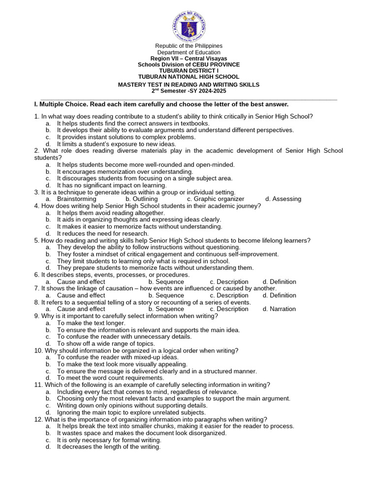 Mastery Test: Reading & Writing Skills | PDF | Argument | Causality