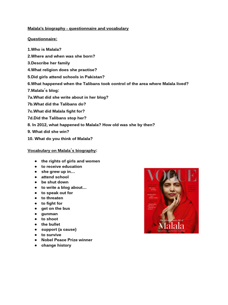 Malala S Biography - Questionnaire and Vocabulary | PDF