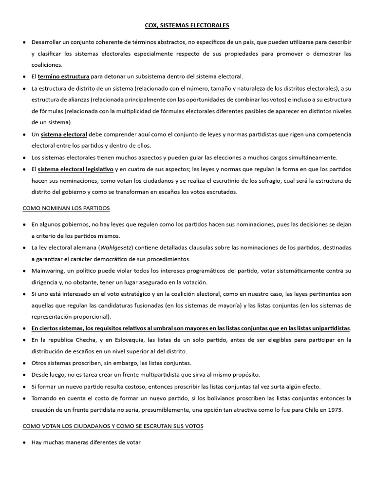 Pol Comparada Cox Sistemas Electorales | PDF | Votación | Distrito ...