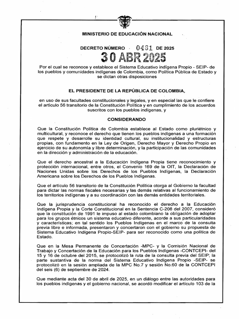 Decreto 0481 30 Abril de 2025 - SEIP (Sistema de Educacion Indigena ...