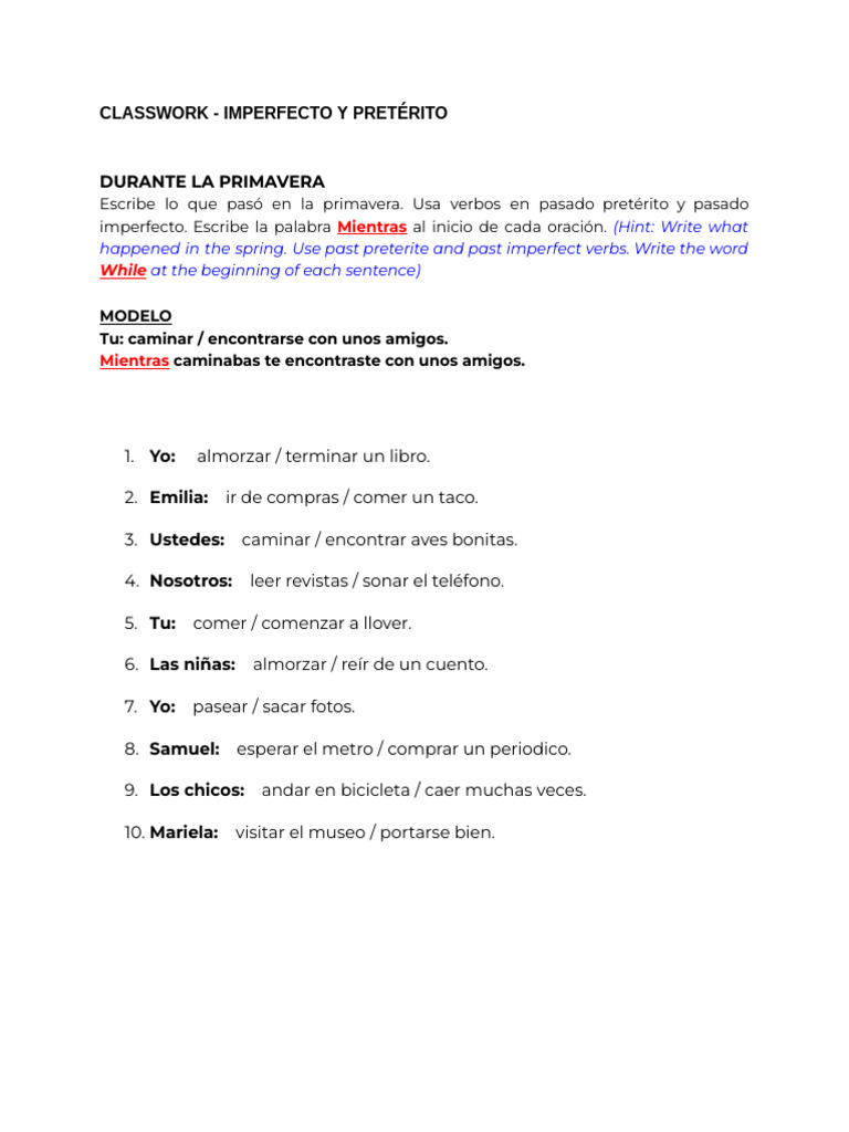 Classwork - Imperfecto y Preterito | PDF