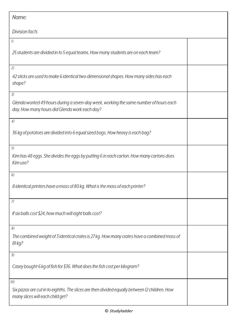 Studyladder - Division Facts (Problem Solving) | PDF