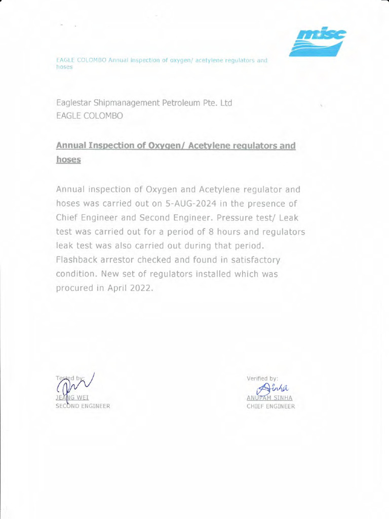 Oxy Ace Regulator Test Cert | PDF