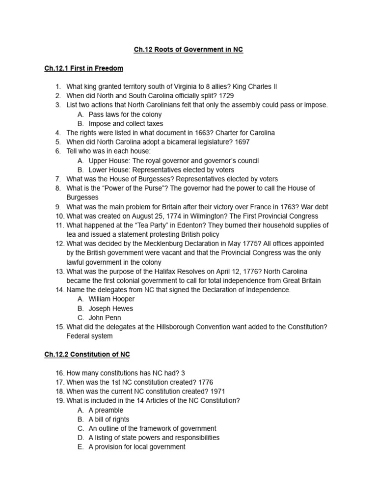 Answers Ch. 12 Roots of Government in NC | PDF | North Carolina ...