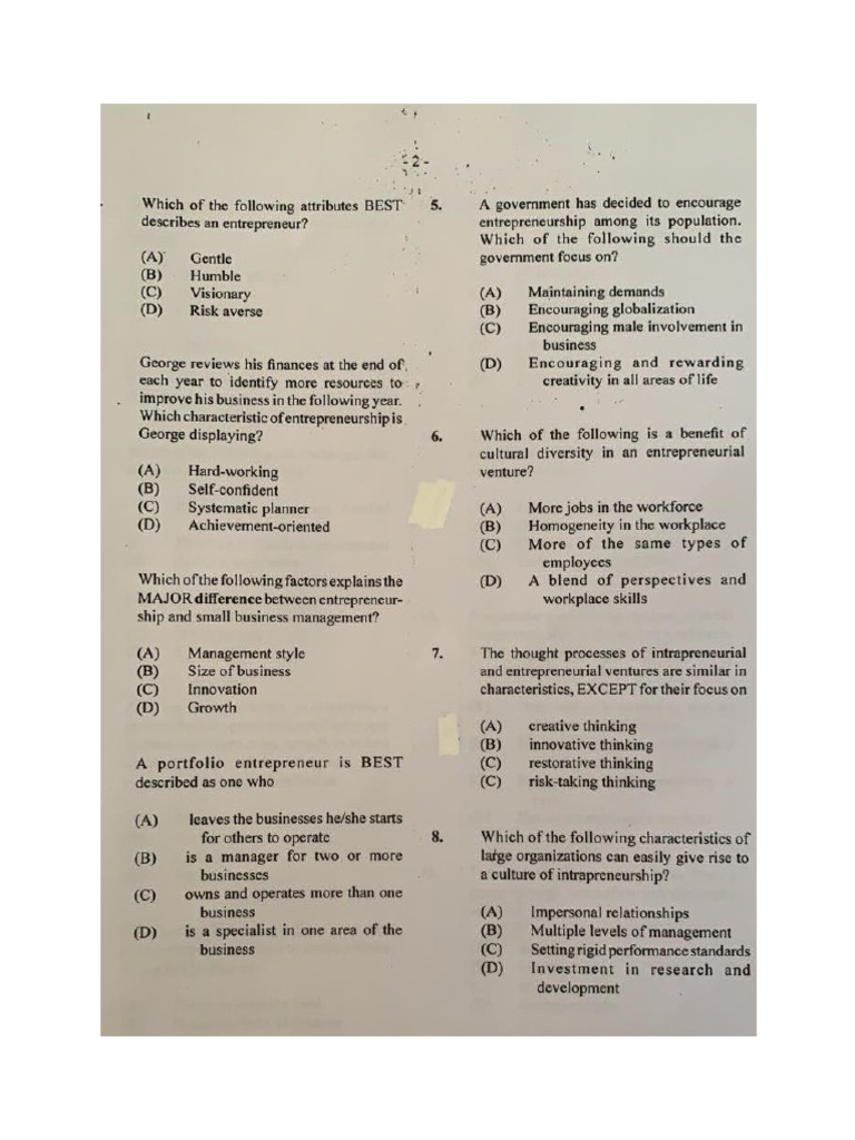 2019 MCQ - Entrepreneurship Unit1 | PDF