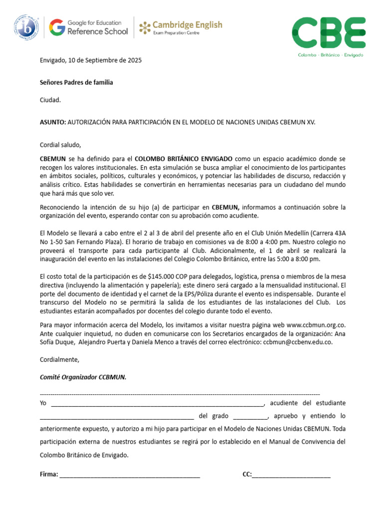 2025 Parent Consent Form CCB Students | PDF