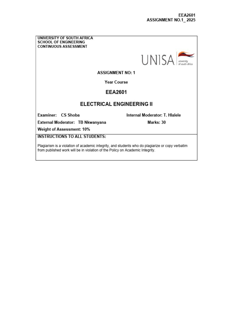 EEA2601 - 2025 - Assignment 1 | PDF | Alternating Current | Electrical Impedance