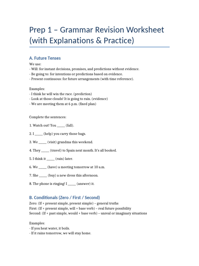 Prep1 Grammar Revision Worksheet | PDF | Linguistic Morphology | Linguistics