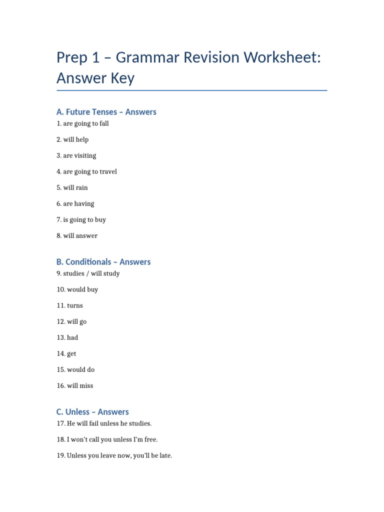 Prep1 Grammar Revision Answer Key | PDF