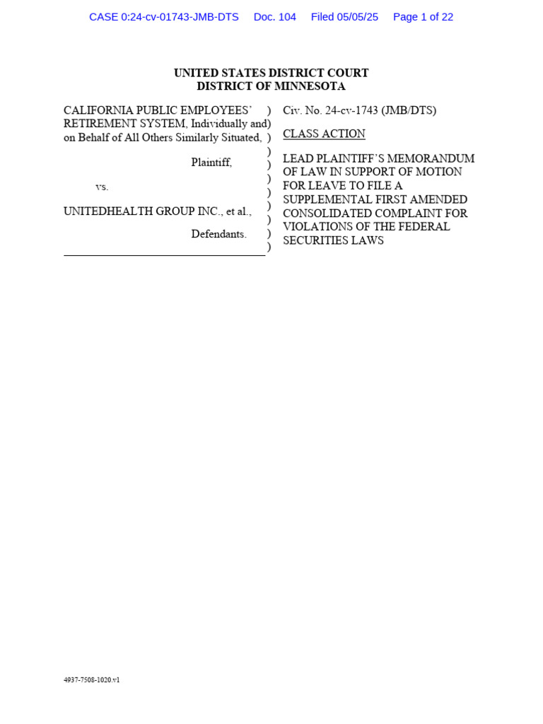 UnitedHealth Group Class Action Update | PDF | Complaint | Pleading