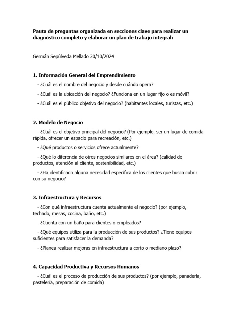 Pauta de Preguntas Organizada en Secciones Clave para Realizar Un ...