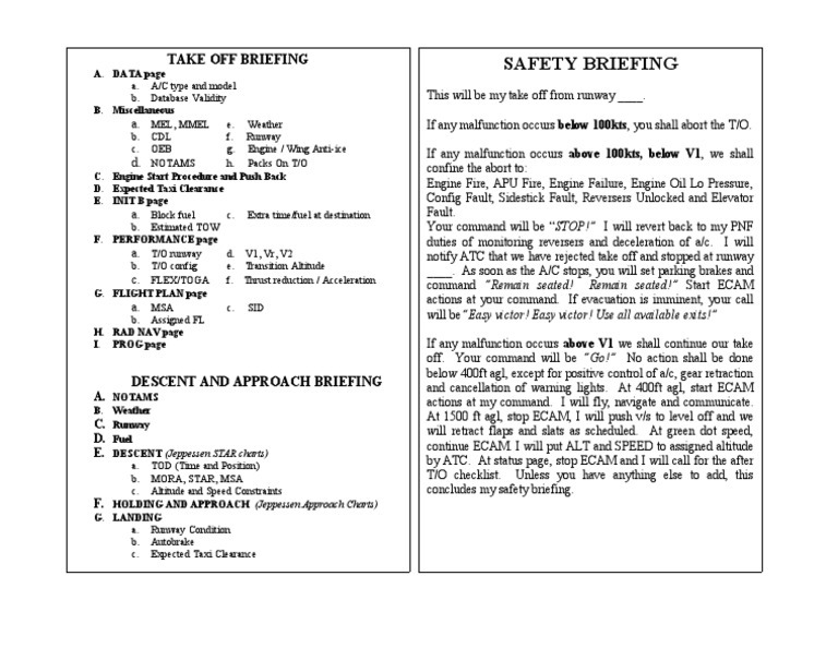 A320 Take Off, Approach and Safety Briefing | PDF