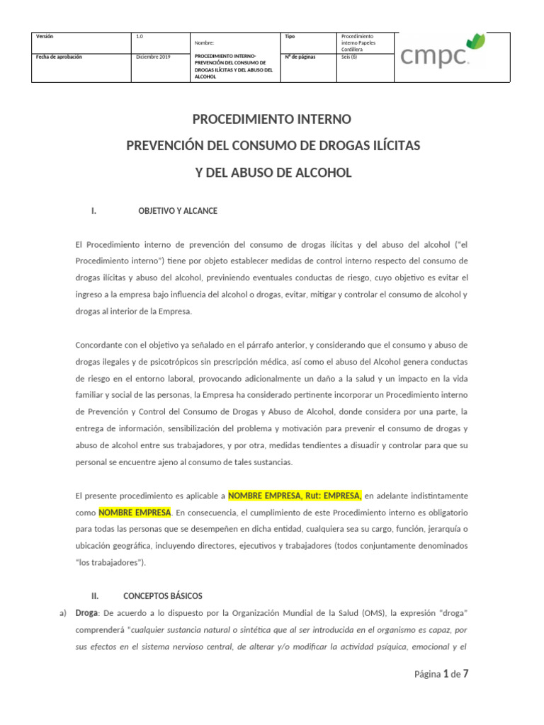 PRO-SSO-13 Procedimiento Prevención Del Consumo de Alcohol y Drogas | PDF | Drogas | La ...