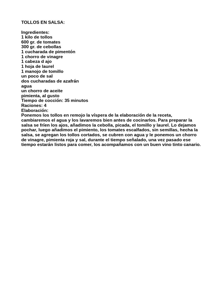 Tollos en Salsa: Receta Canaria | PDF