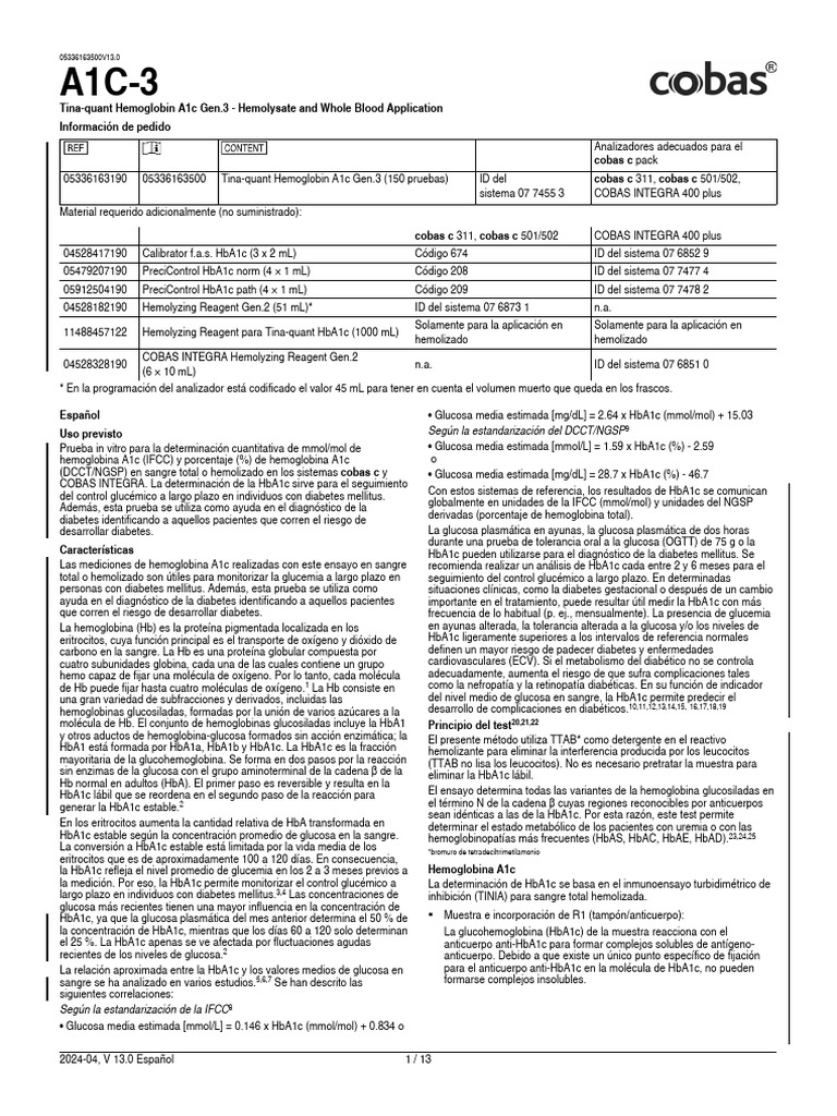 ROCHE - HEMOGLOBINA GLICOSILADA Insert.A1C-3.05336163500.V13.es | PDF ...