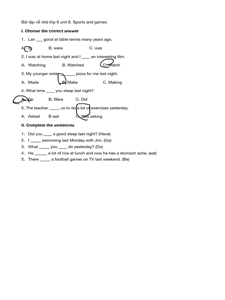 BTVN Lop 6 Unit 8 Sports | PDF