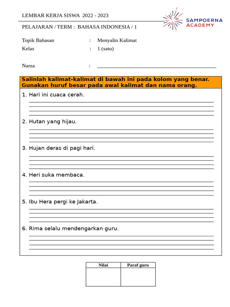 Lembar Kerja Menulis Kalimat | PDF