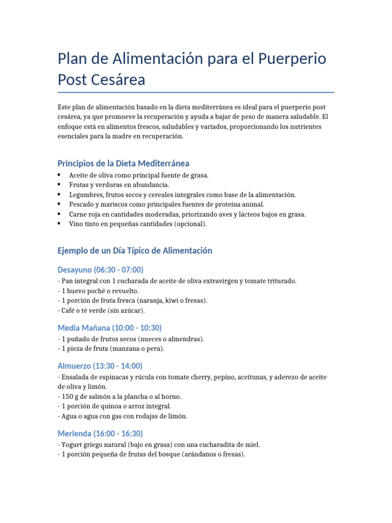 Plan de Alimentacion Puerperio Post Cesarea | PDF | ensalada | Alimentos
