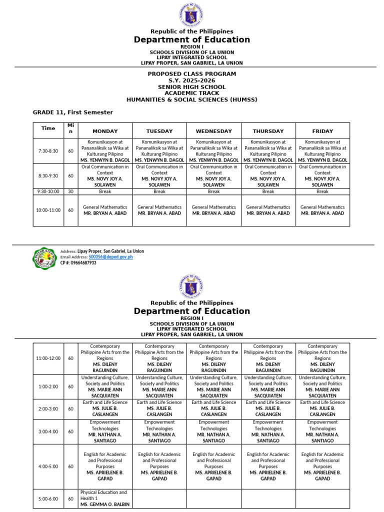 Grade 11 Class Program Humss | PDF | Science