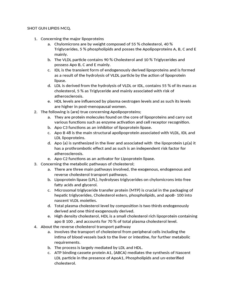 Shot Gun Lipids Mcq. (on Request) | PDF | Lipoprotein | Cholesterol