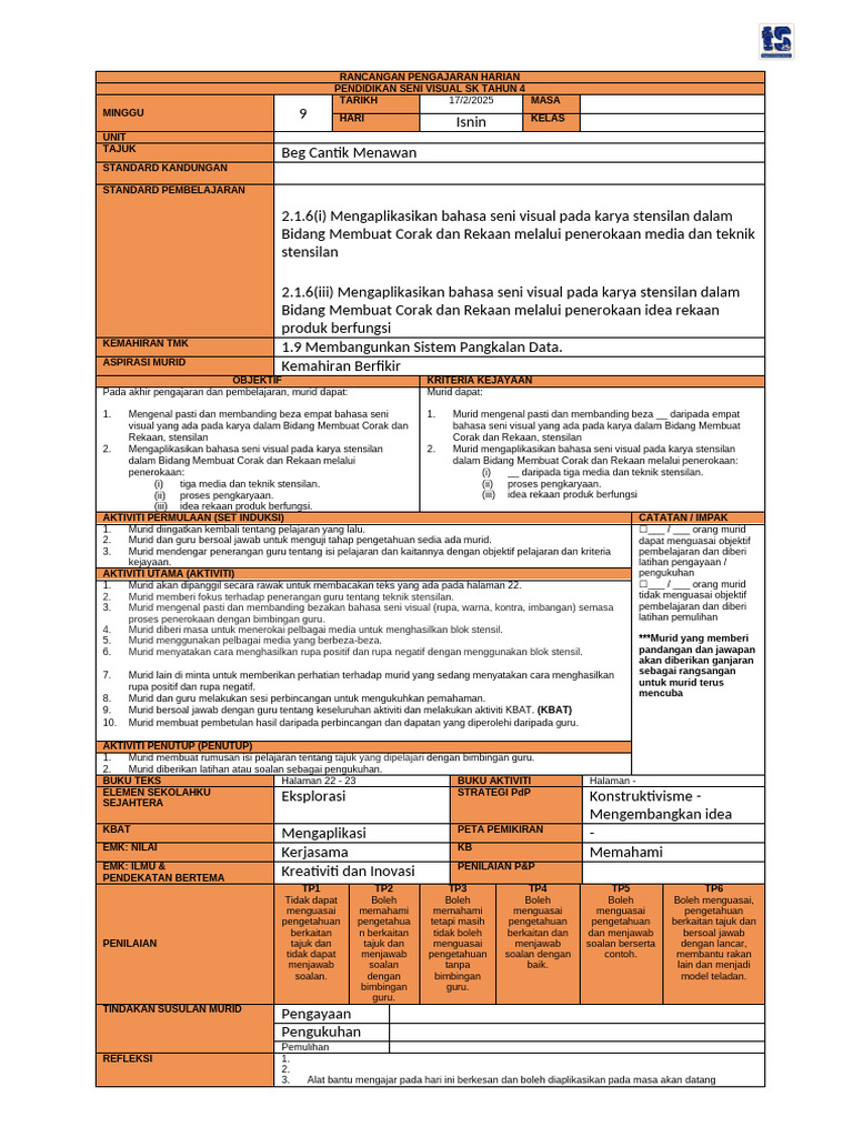 RPH Minggu 9 PSV SK THN 4 2025 by Cikgu Gorgeous | PDF