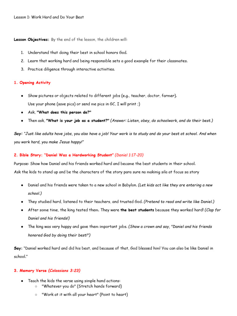 Lesson 1: Work Hard and Do Your Best | PDF | Prayer