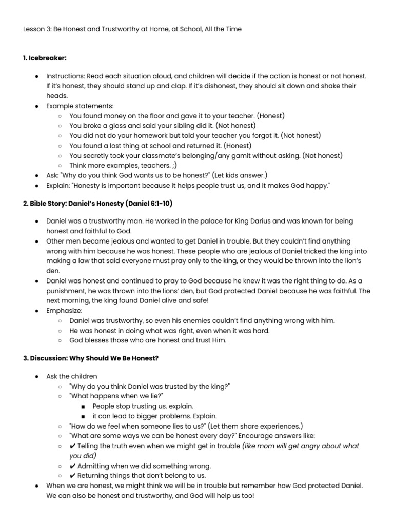 Lesson 3: Be Honest and Trustworthy at Home, at School, All The Time | PDF
